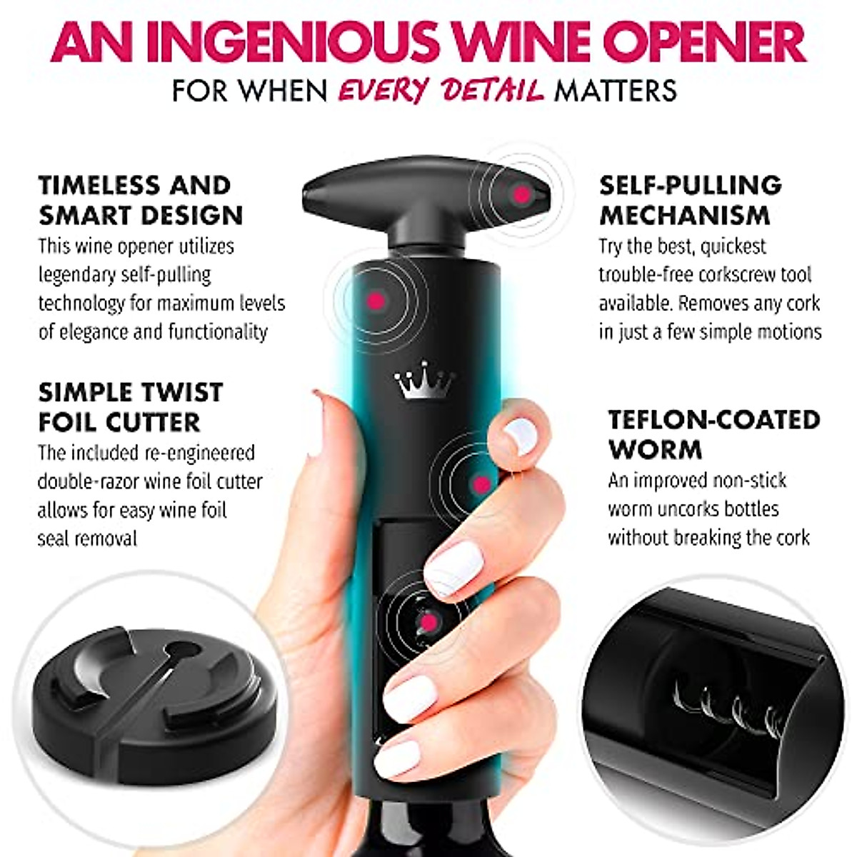 VINABON Self-Pulling Wine Opener - New 2023 2-in-1 Professional-Quality Twister Wine Corkscrews with Wine Foil Cutter - Manual Easy-Turn Wine Bottle Opener Corkscrew. Includes WineGuide Ebook