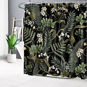 EOBTAIN Green Leaf Shower Curtain for Bathroom Vintage Floral and Fern Plant Leaves on Black Fabric Shower Curtain with 12 Hooks Boho Botanical Bathroom Curtains Shower Set 72x72 Inch