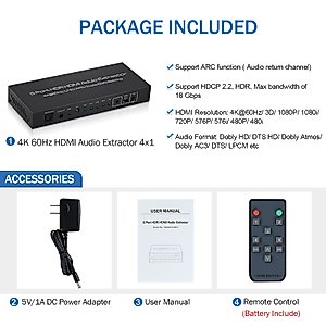 4K@60Hz HDMI Switch 5x1 with Audio Extractor, avedio links 5 Port HDMI Switcher with Optical SPDIF + 3.5mm Audio, 5 in 1 Out HDMI Audio Selector Switch Box with Remote Support HDR10 ARC 18Gbps HDCP2.2