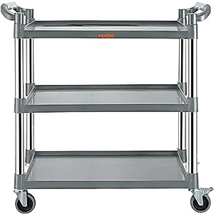 VEVOR Utility Service Cart, 3 Shelf Heavy Duty 220LBS Food Service Cart, Rolling Utility Cart with Lockable Wheels, 40" x 19.3" x 38.6" Plastic Utility Cart for Kitchen Office Restaurant Home, Grey