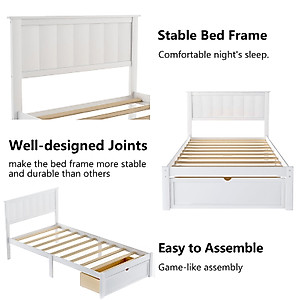 Twin Size Country Wooden Platform Bed Frames with Large Storage Drawers/Headboard, Modern Simple Platform Bed with Solid Wood Slat for Bedroom Small Living Space Boys Girls, Under Bed Storage, White