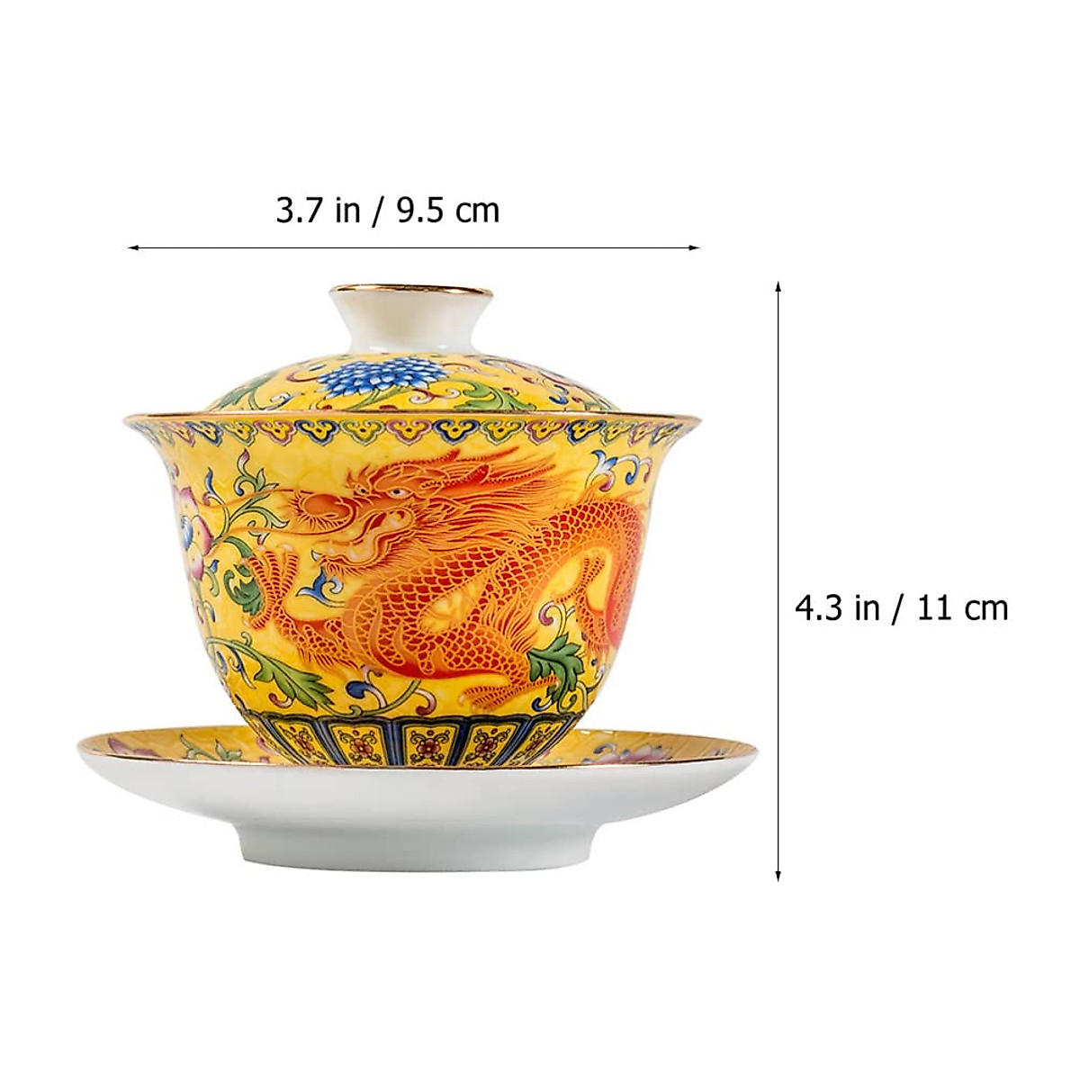 YARNOW Chinese Porcelain Teacup, 1Set of Gaiwan Tureen Cover Bowl Lip Cup Saucer Tea with Lid, Yellow Dragon