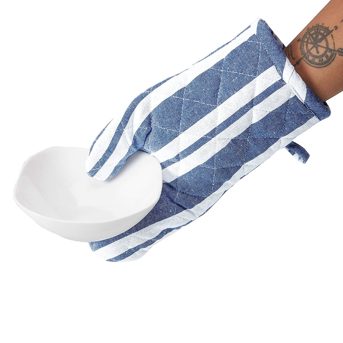 Encasa Homes Long 14" Oven Microwave Hand Gloves Mitts (2 pc Set) for Kitchen Cooking & Baking - Heat Resistant, Thick & Safe, Protection of Hands from Hot Utensils - Franca Blue Stripes