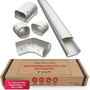 DuctlessAire White Paintable Mini Split Line Set Cover Kit - Cover for Ductless Mini Split AC & Heating System - Easy to Install Cover Kit with Wall Cap, Hide-A-Line, Coupler & End Cap (4" x 14 ft.)