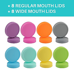 Aozita [16 Pack] Colored Plastic Mason Jar Lids Fits Ball, Kerr & More - 8 Wide Mouth & 8 Regular Mouth - Storage Caps for Canning Jars