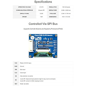 waveshare 1.5inch RGB OLED Display Module 128x128 Pixels 16-bit High Color (65K Colors) with Embedded Controller Communicating via SPI Interface.