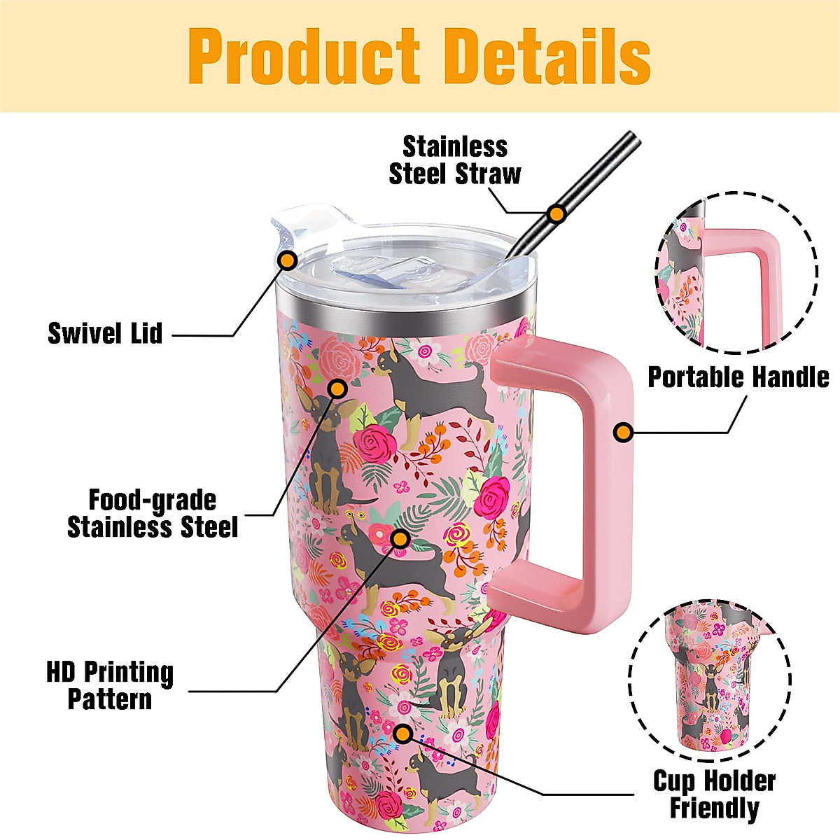 owbgsdh Chihuahua Gifts for Women Dog Lovers 40 oz Floral Chihuahua Tumblers with Handle and Straw, Stainless Steel Vacuum Insulated Travel Coffee Mug Cup Water Bottle