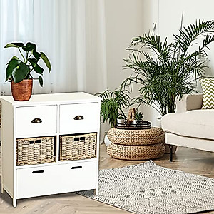 WHW Whole House Worlds Hamptons Decorative Accent Chest with 3 Baskets, Bin Pull Hardware, White, Brown Willow Wicker, Solid Wood, MDF, 13.75 L x 28.0 W x 30.25 H inches, 19.75 lbs
