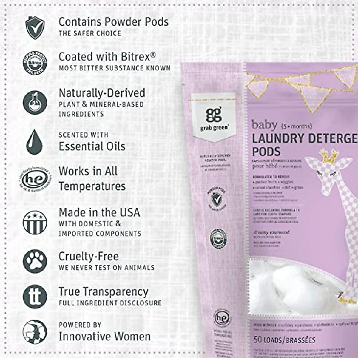 Grab Green Baby Laundry Detergent Pods, 50 Count, Dreamy Rosewood, Plant and Mineral Based, Formulated to Tackle Growing Baby (5 Months and Older) Laundry Stains