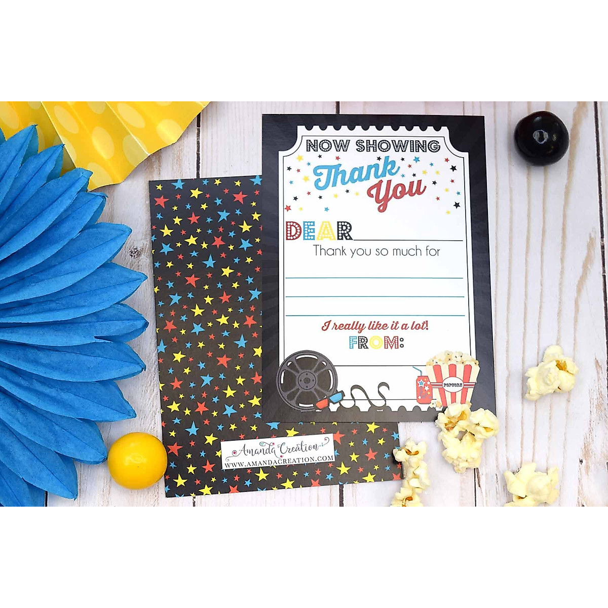 Bold Movie Night Birthday Thank You Notes, Ten 4" x 5.5" Fill In The Blank Cards with 10 White Envelopes by AmandaCreation