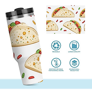 Selerdon 40 oz Tumbler Taco White with Handle and Straw Lid Vacuum Stainless Steel Insulated Water Bottle Travel Mug Car Cup Holder Friendly BPA Free for Gym Travel Office
