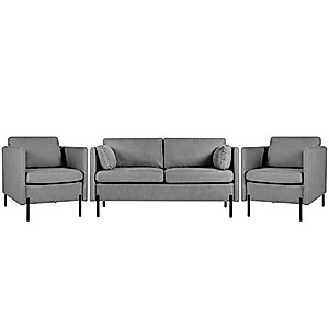Living Room Sofa Set of 3, Modern Loveseat Couch & Comfy Accent Arm Chair w/Pillows, Metal Legs, Upholstered Love Seats Furniture for Bedroom, Office, Small Space, Apartment Grey 3PCS, (183)