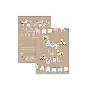 Gender Reveal Invitations with Envelopes, Bee Baby Shower Invites Customize Party Details DIY 5x7 Card Set, 25 Pack