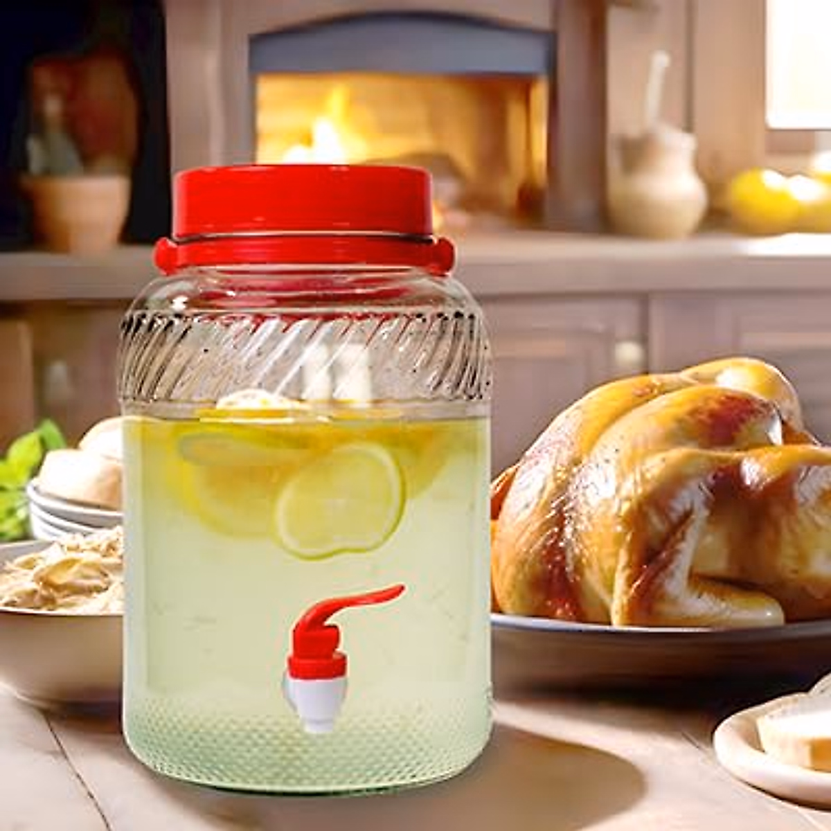 1.32 Gal Wide Mouth Glass Drink Dispensers for Parties, Leakproof Spouts, Wood Sign - Sun Tea Jar for Outside. Ideal for Beverage, Lemonade, Yogurt, Kombucha, Canning, Fermenting, Picnics, Home Use