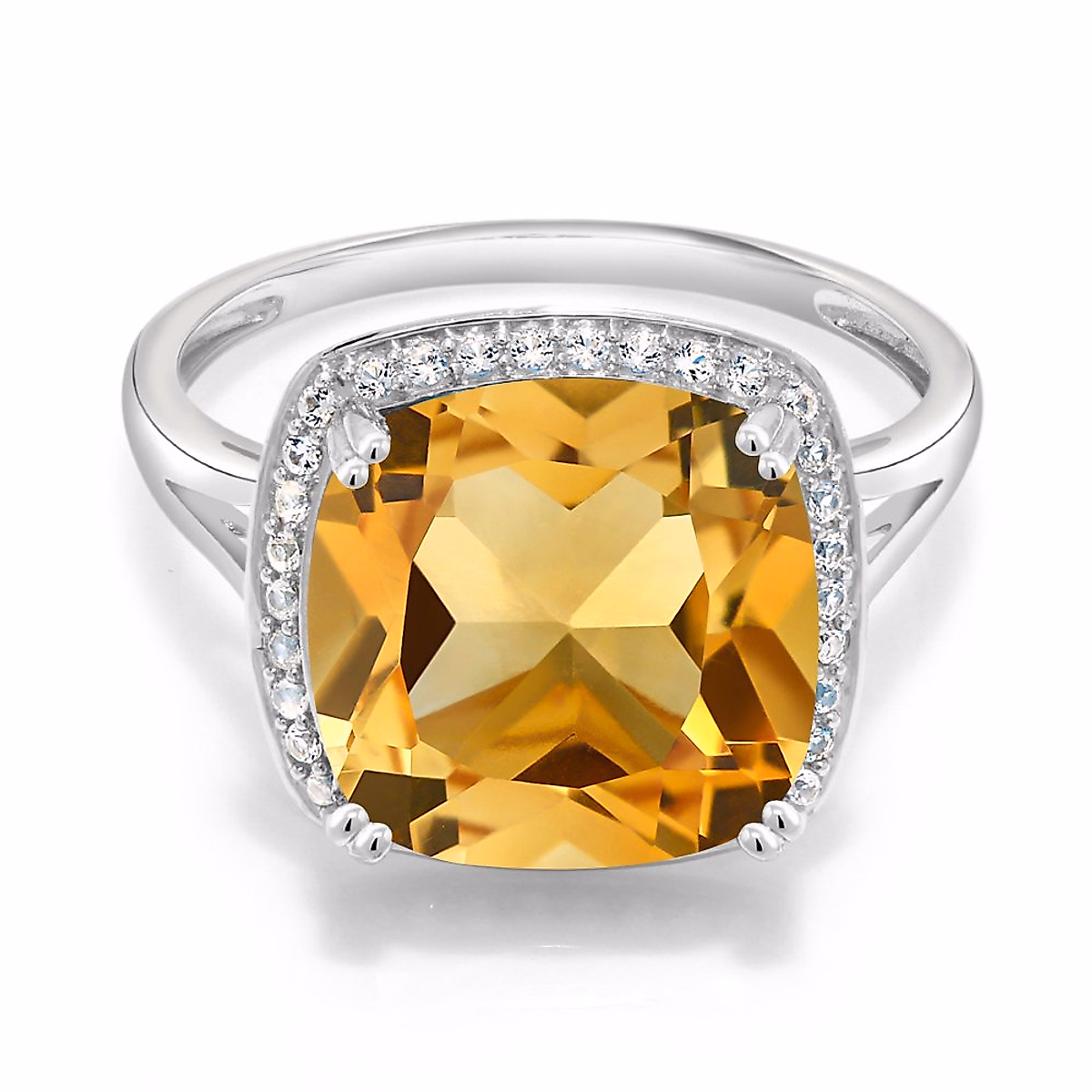 Gem Stone King 10K White Gold Yellow Citrine and White Created Sapphire Women's Ring (6.09 Ct Cushion 12MM, Gemstone Birthstone, Available In Size 5, 6, 7, 8, 9)