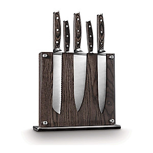 Art and Cook Stainless Steel 5 Piece Knife Set with 1 Magnetic Block: 8" Chef's Knife, 8" Slicer Knife, 8" Bread Knife, 5" Utility Knife, 3.5" Paring Knife, 1 Ash Wood Block
