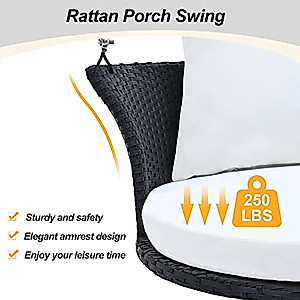 P PURLOVE Single Person Wicker Hanging Seat,Porch Swing Bench with Hanging Ropes,Cushion, Pillow, Rattan Swing Bench for Garden, Backyard, Pond