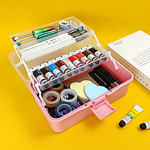 Tackle Box Organizers and Storage,10inch Craft Organizers and Storage,Three-Layer Sewing Box With 2 Trays,Medicine Storage Box With Handle For Nail、Makeup、Diamond Painting、Building Blocks (PINK)
