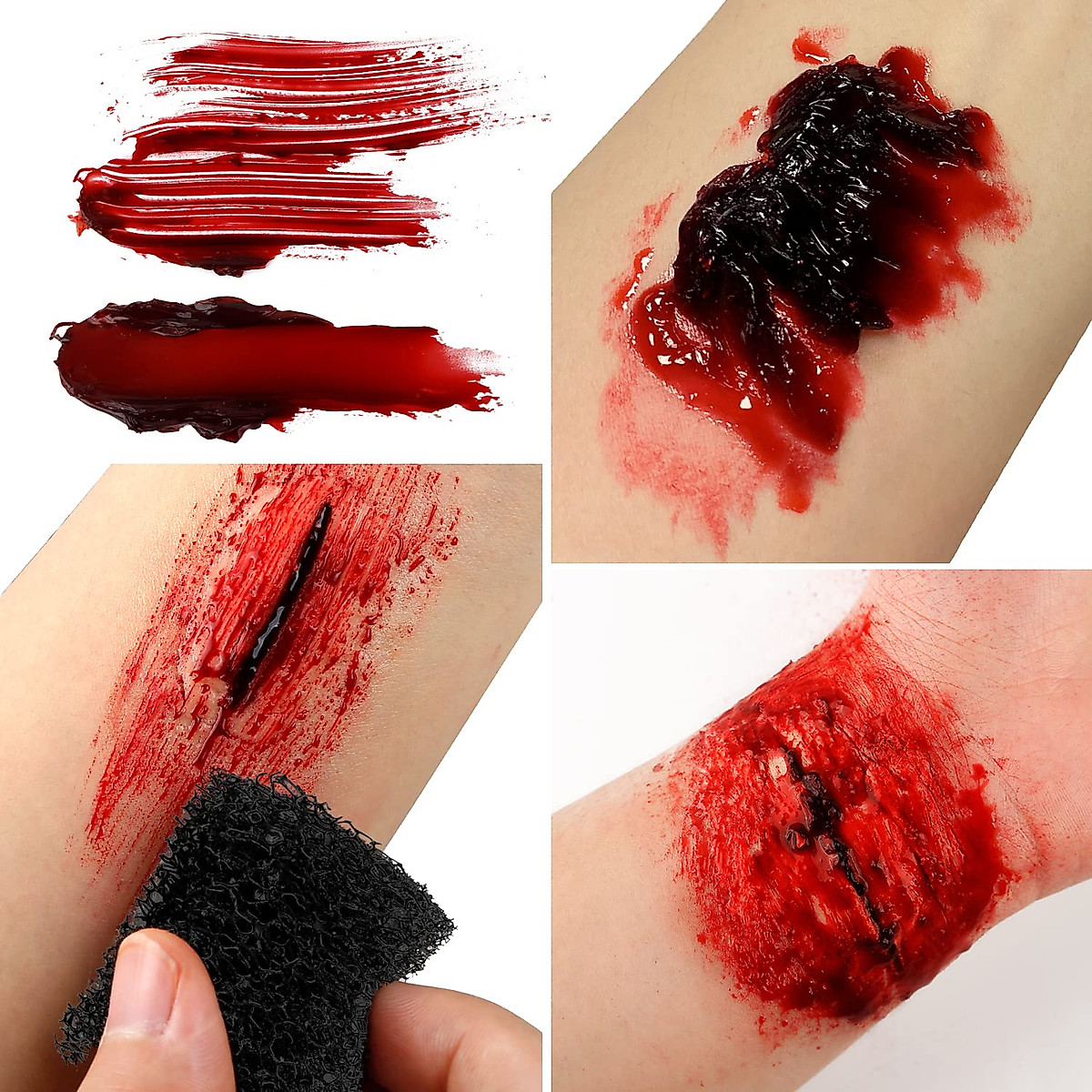 Fake Blood Spray Splatter + Fake Scabs Coagulated Blood Gel + Stipple Sponge, Washable Fake Blood for Clothes Eyes Face Skin, Fake Blood Makeup Kit for Halloween Vampire, Zombie and Sfx Wound