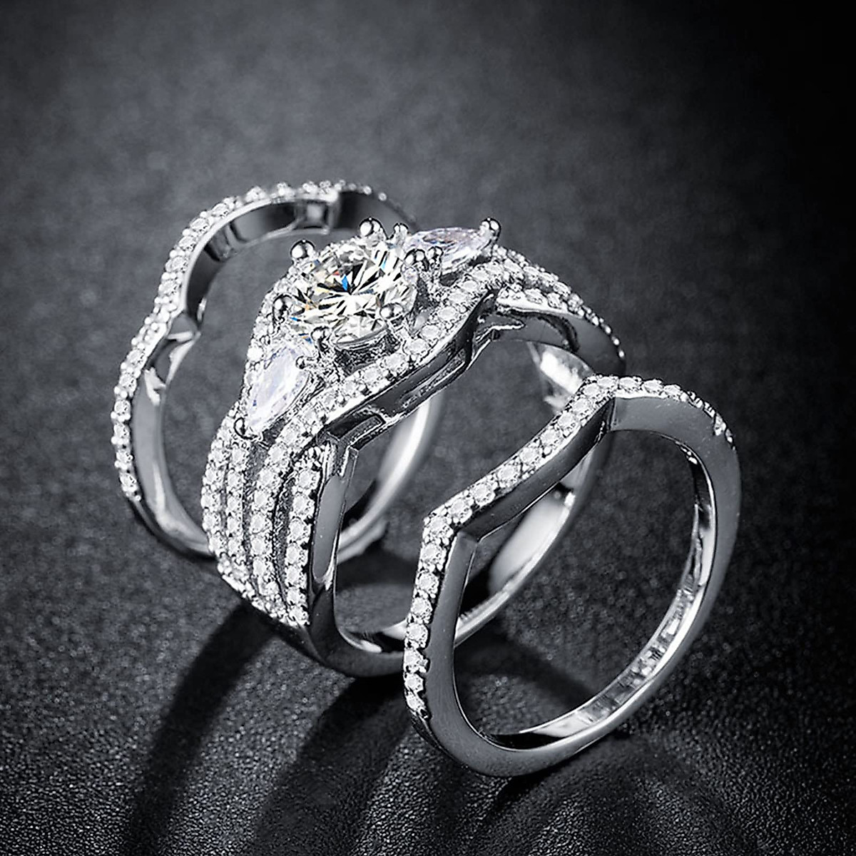 3.4Ct Bridal Wedding Ring Set for Women 14k White Gold Three Stones Engagement Rings Cz Two Bands Promise Size 6