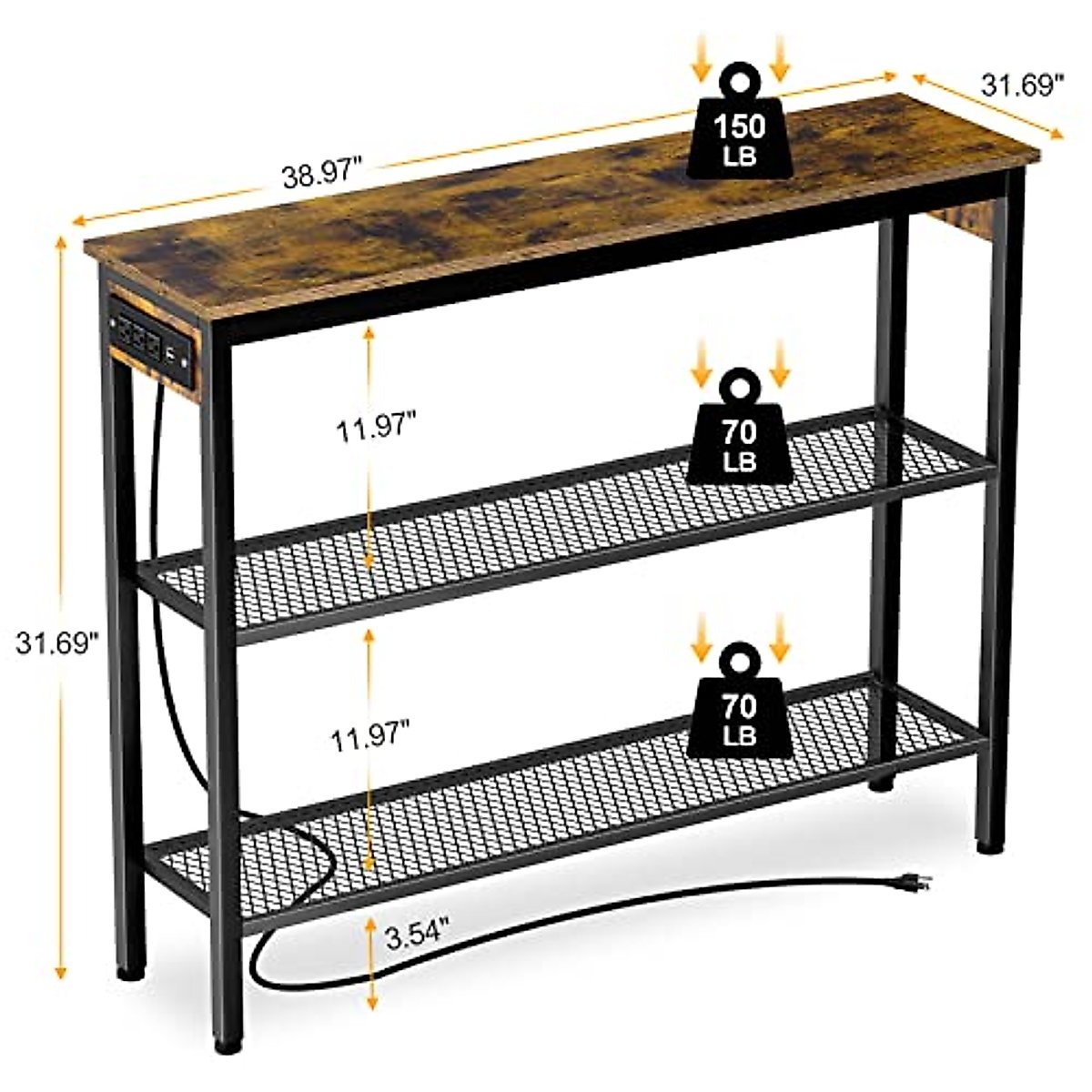 Mr IRONSTONE Console Table with Power Outlet, 39" Narrow Sofa Table, 3-Tier Couch Table Behind Sofa with Metal Frame Hallway Table for Entryway, Living Room, Rustic Brown