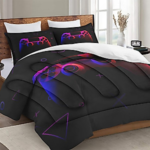 WeCozy Twin Size Comforter Set with Pillowcase, Red Gamepad Gaming Neon Game Soft Bedding Set for Kids and Adults Bedroom Bed Decor