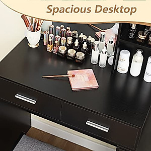 usikey 43.5in Large Vanity Desk with Mirror and 10 LED Lights, Makeup Vanity Table with Lights and 5 Drawers, Black Vanity Table Vanity Set with Storage Shelves and Stool for Women Girls, Black