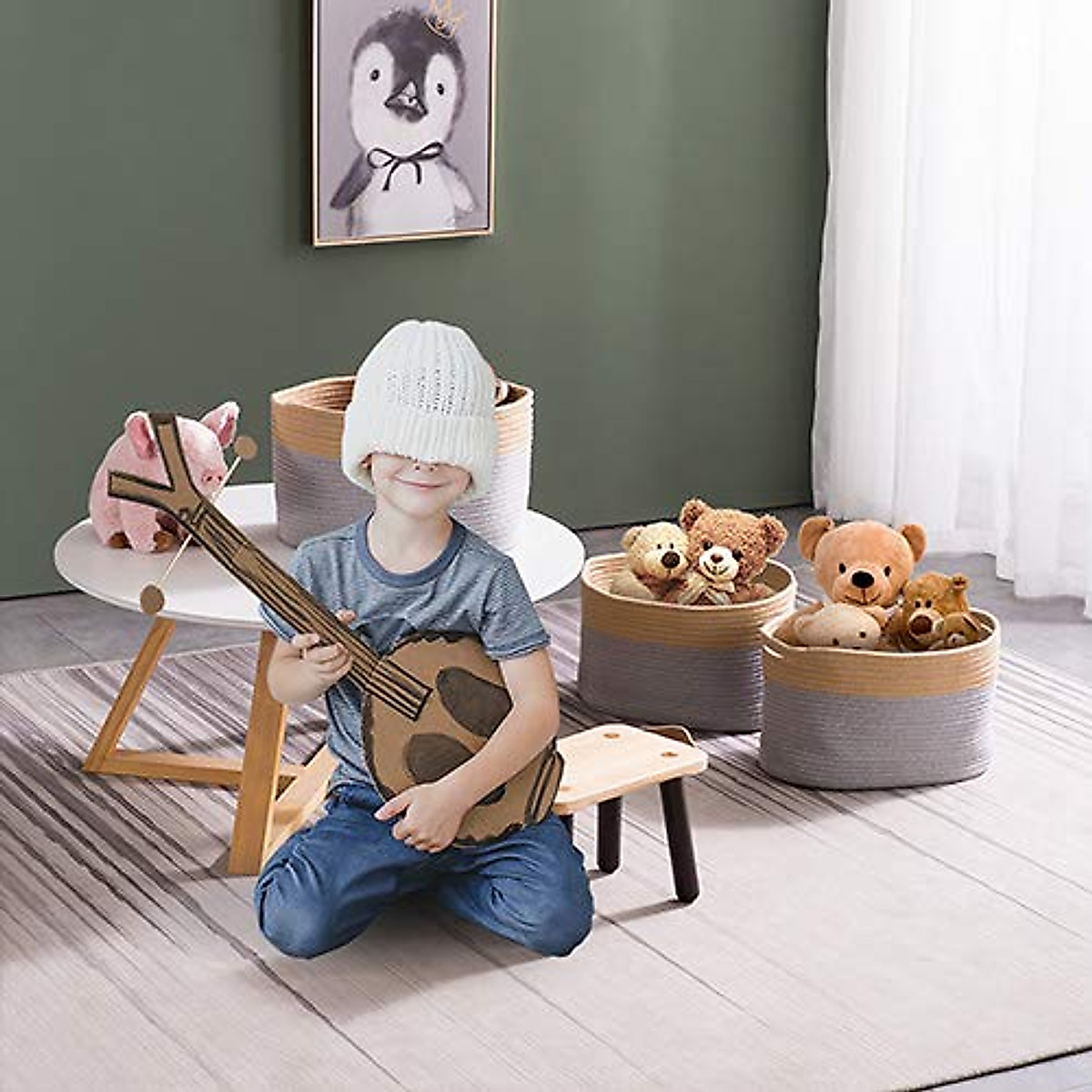 YOUDENOVA Rope Basket for Storage, Woven Storage Basket Bins, Set of 3, Nursery Basket for Toys, Throws, Makeups, Brown & Grey