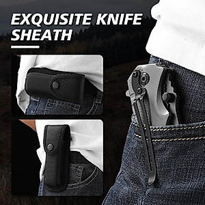 IKORES Pocket Knife for Men, 4 inch Multitool Folding Knife with Nylon Sheath and Pocket Clip, Bottle Opener, Glass Breaker, Seatbelt Cutter and Wrench, Grey