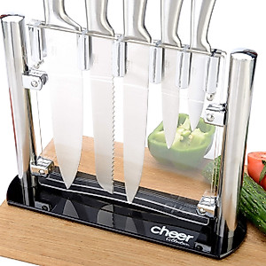 Cheer Collection Stainless Steel Chef Knife Set with Acrylic Stand (6-Piece) Professional Kitchen Utensils - Sharp Serrated and Standard Blades for Mincing, Chopping, Slicing