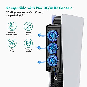 KIWIHOME Cooling Fan for PS5 Accessories, Upgraded Quiet Cooler Fan with LED Light, Horizontal Cooling Accessories with USB3.0 Hubs, Efficient Cooling System for PS5 Disc and Digital Edition(Black)