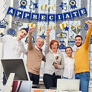 CHUNNIN We Appreciate You Banner Decorations Blue Gold Thank You Hanging Swirls Sign Employee Appreciation Streamer for Pastor Staff Teacher Retirement Doctor Nurse Thanksgiving Party Supplies