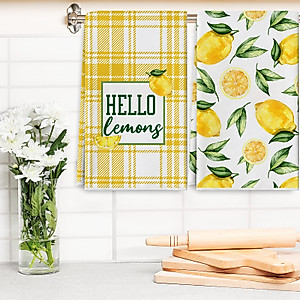 AnyDesign Lemon Kitchen Towel Watercolor Hello Lemons Dish Towel 18 x 28 Inch Spring Summer Yellow Check Plaids Hand Drying Tea Towel for Farmhouse Cooking Baking Cleaning Wipes, Set of 2