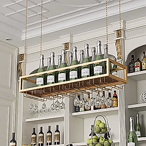 DASHADAO Hanging Wine Glass Rack-Bar Unit Floating Shelves, Metal Chain Wine Rack Ceiling Hanging Wine Bottle Holder with Goblet Stemware Racks Kitchen Upside Down Wine Rack Home Storage Sh