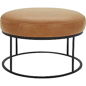 Amazon Brand – Rivet Revere Round Leather Iron-Framed Ottoman, 30.3"W, Cognac