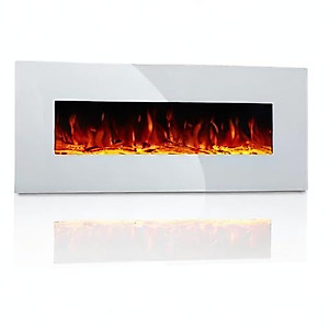 Amerlife 50" Electric Fireplace Wall-Mounted, Fireplace Heater with Timer, Remote Control, Adjustable Flame Brightness, Log Set & Crystal Options, White