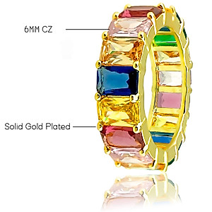 ORENTINI 18K Gold Plated Eternity Rainbow Ring Band For Women with Multi-Color Emerald Cut Cubic Zirconia Gemstones Wedding Band Engagement Anniversary