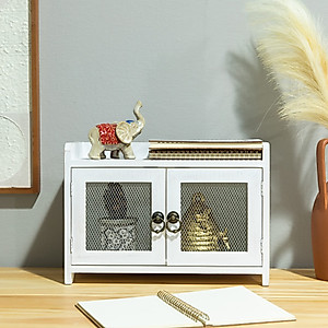 COLLECTIVE HOME - Storage Cabinet, Mini Countertop Cabinet, Wood Organizer for Kitchen Living Room Bedroom Bathroom Office with Magnetic Door, 14.5 x 6.5 x 10 (White, Wire Netting)
