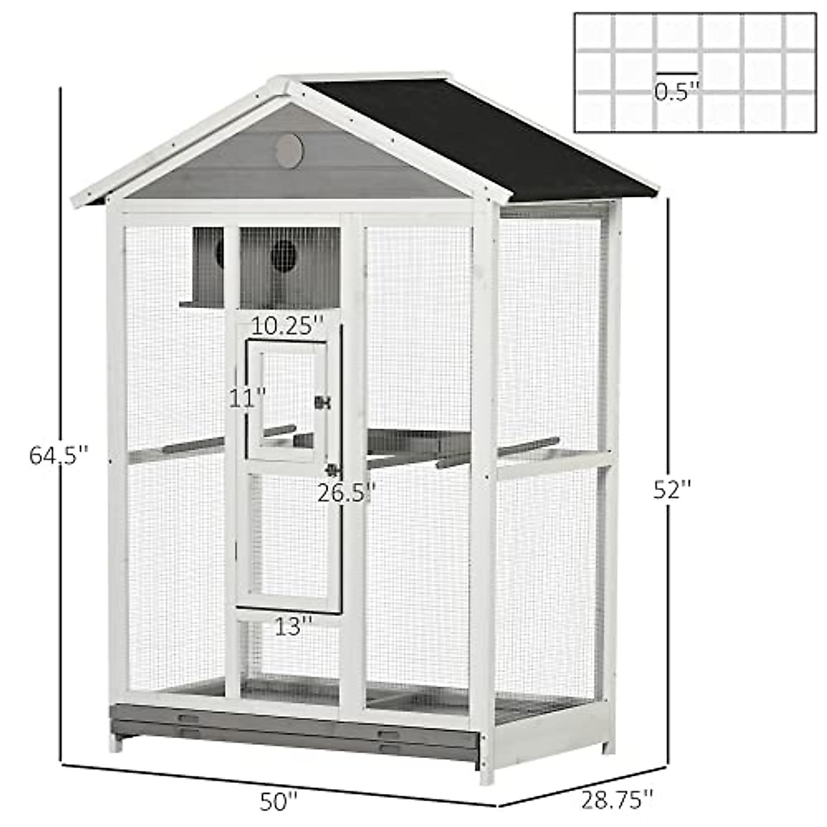 PawHut 64.5" Wooden Bird Cage Aviary, Flight Cage with 4 Perches, Nest and Slide-Out Tray for Indoor/Outdoor, Gray
