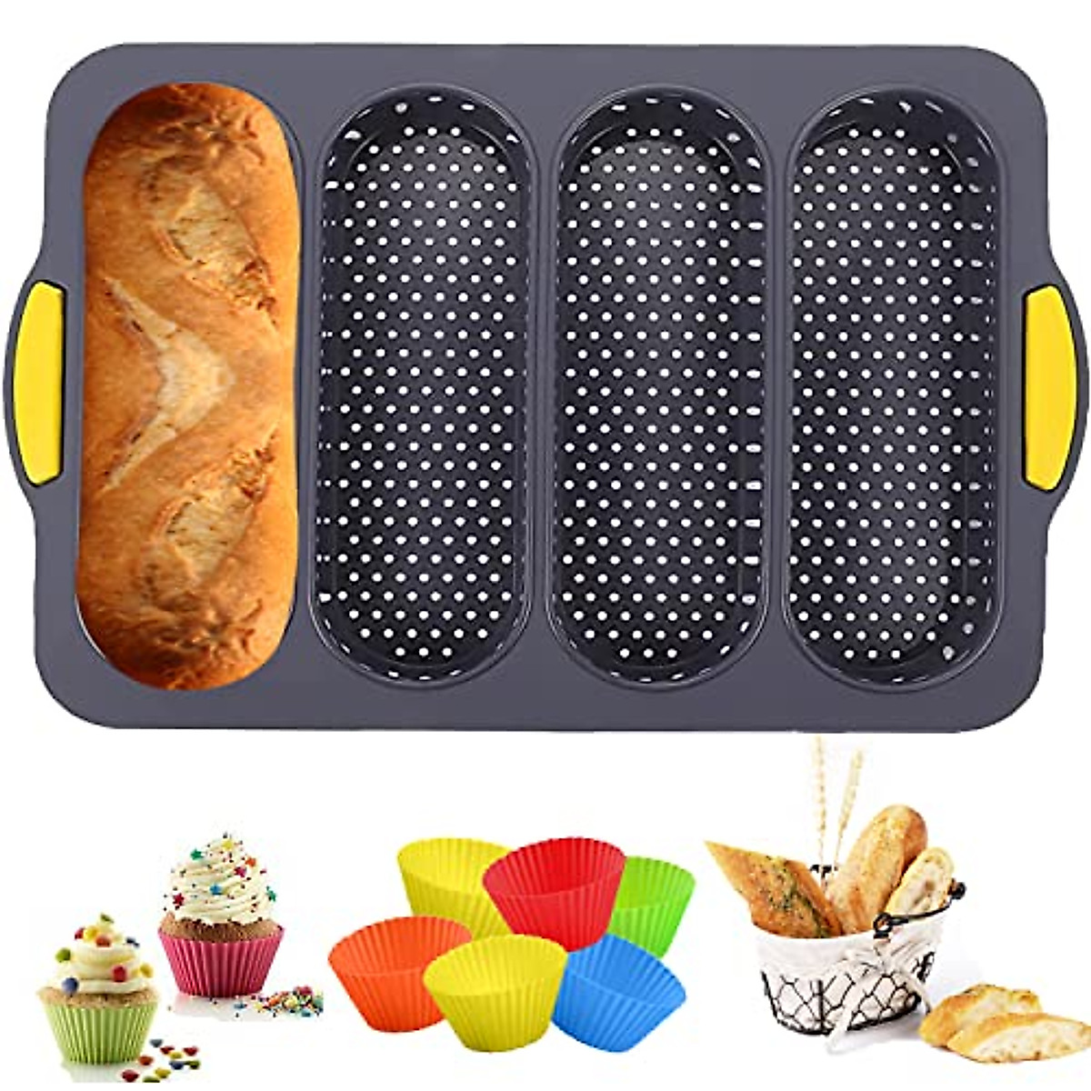 MUJUZE Silicone Loaf Pan Baking Pan for Baking French Baguettes/Hot Dog Buns, bread mold for baking with 6 Muffin Cups,Nonstick &Easy Clean&Heat Resistant Silicone Loaf Pan with Four-hole Baguette