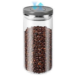 One-Press Button Coffee Canister with Airtight Lid, Borosilicate Glass Coffee Container with PP Silicone Lid, Food Storage Container for Grounds Coffee, 1lb Beans, Flour, Cereal, Sugar