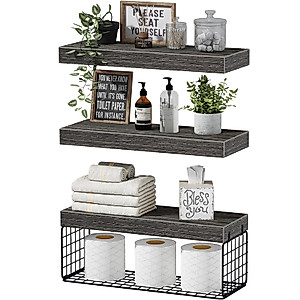 QEEIG Bathroom Shelves Over Toilet Wall Mounted Floating Shelves Farmhouse Shelf Toilet Paper Storage Small 16 inch Set of 3, Rusitc Grey (019-GY3)