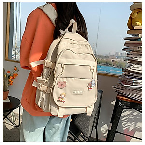 FORJMMP Aesthetic Backpack with Cute Pins, Anti-theft Casual Daypack for Women (White)