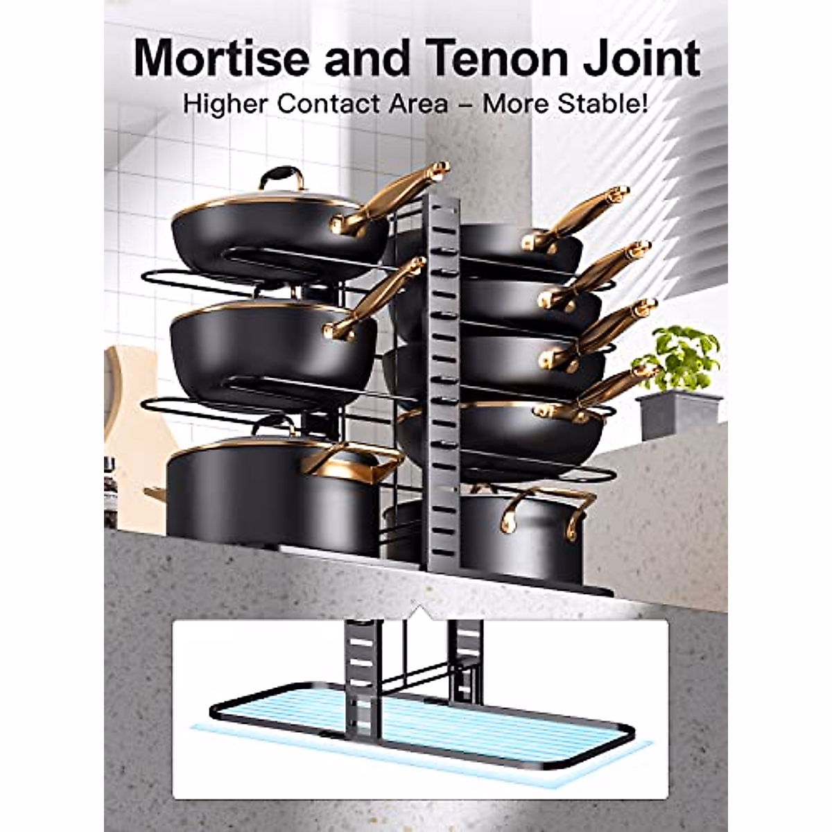 MUDEELA 8-Tier Adjustable Heavy Duty Pan Organizer Rack for Cabinet and Pots and Pans Organizer Rack for Cabinet Bundle