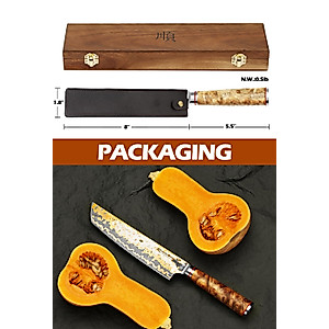 YOUSUNLONG Tanto Kitchen Knife - 8 Inch Japanese Handmade Chef Knife - Razor Sharp Copper Damascus Steel Blade - Cleaver Carving Knife - Naturel Burl Wooden Handle with Leather