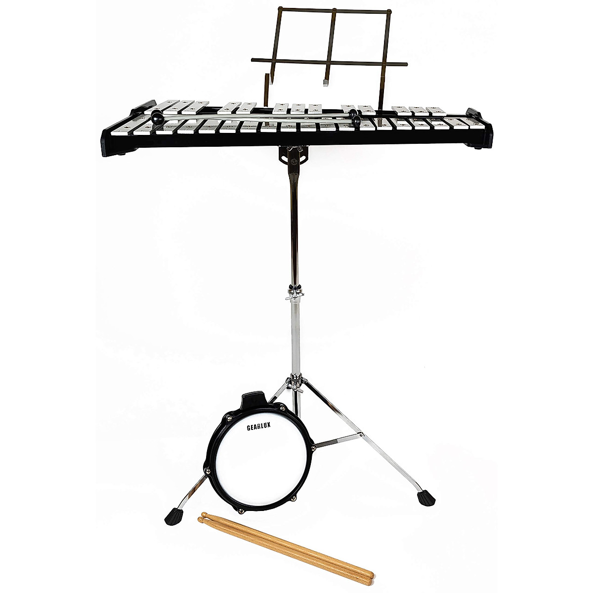 Gearlux 32-Note Glockenspiel Bell Kit with 8" Practice Pad, Stand, Music Rest, Mallets, Drum Sticks, and Gig Bag