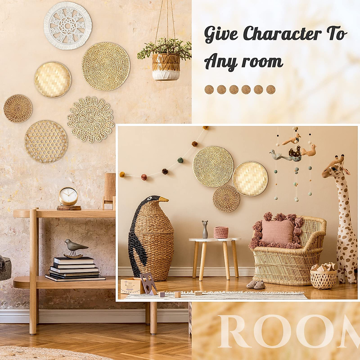 6 Pcs Rustic Hanging Boho Flat Woven Farmhouse Rattan Wall Decor Wall Basket for Living Room Bedroom Decoration