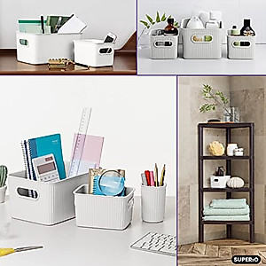 Superio Decorative Plastic Open Home Storage Bins Organizer Baskets, Small White (1 Pack) Container Boxes for Organizing Closet Shelves Drawer Shelf - Ribbed Collection 1.5 Liter