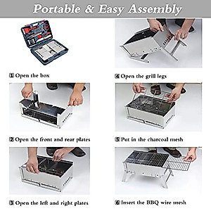 KINGBO Portable Charcoal BBQ Grill, Small Grill with Tools Set, 13.8" × 9.5" × 9.8" Foldable Mini Stainless Steel Grill for Outdoor Camping Picnic Beach Hiking Patio Backyard