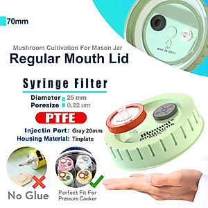 6Pcs Regular Mouth Mushroom Liquid Culture Lid, Grain Spawn Cultivation Mason Jar Lid with 0.2 micron PTFE Syringe Filter & 20mm Self Healing Injection Ports For Mushroom Growing Mycology